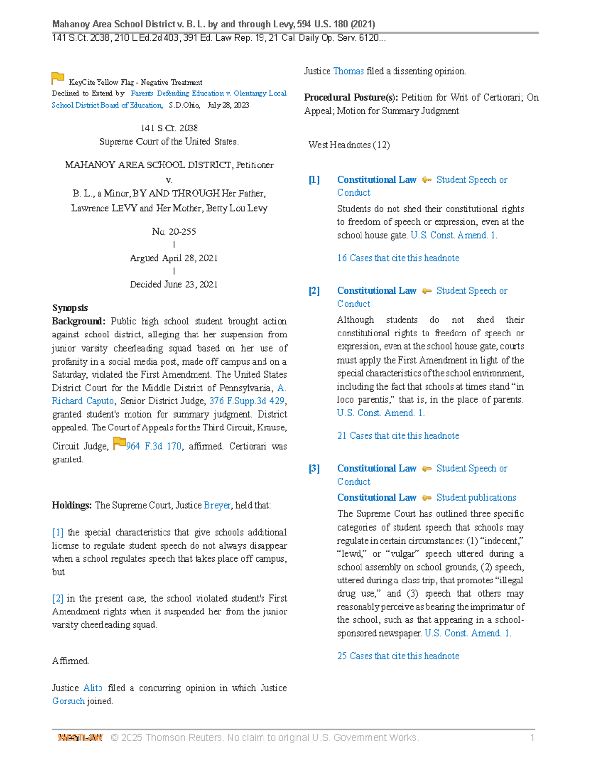 Mahanoy Area School District v. B. L. (2021) - First Amendment Rights ...