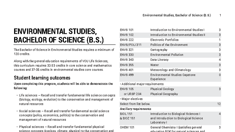 Environmental Studies B.S. Curriculum Overview and Requirements - Studocu