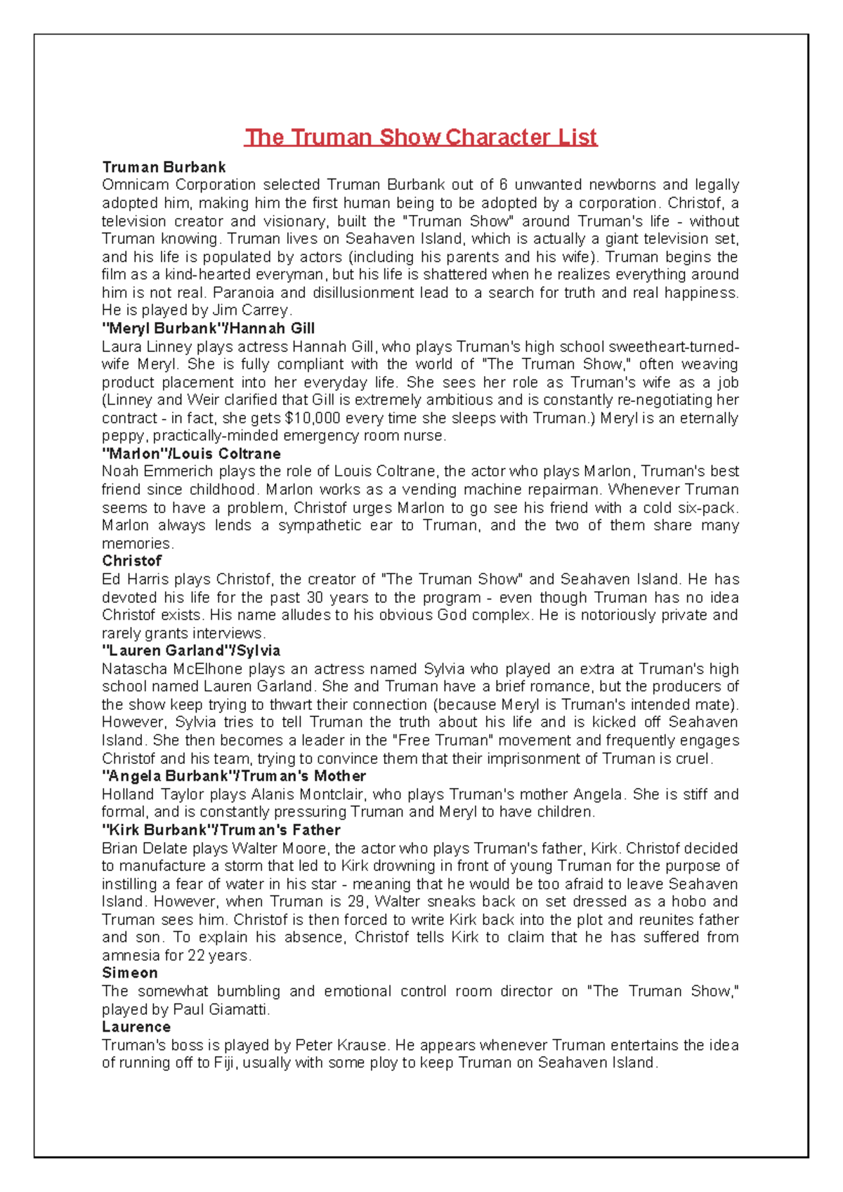 The Truman Show Character Overview: Key Figures and Analysis - Studocu