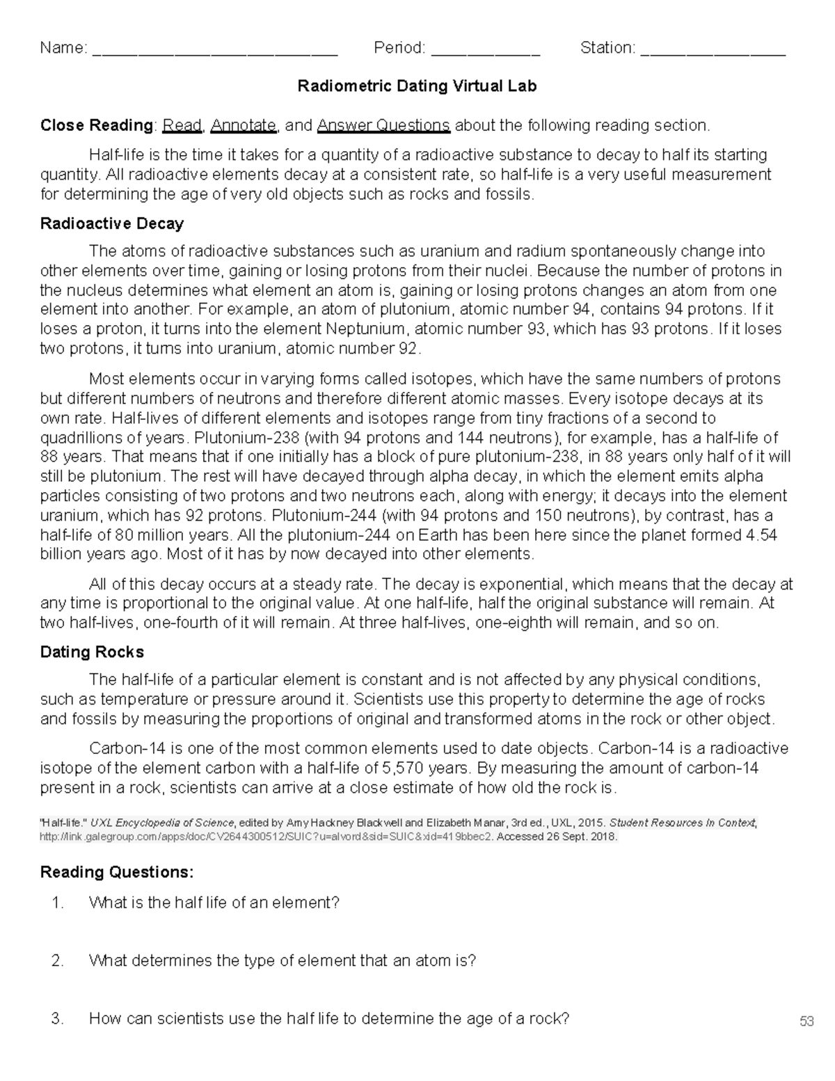 PHET Radiometric Dating Virtual Lab NGSS 3Course Model CER-1 2 - Name
