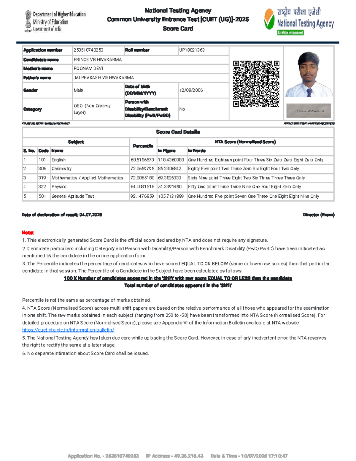 CUET (UG) 2025 Score Card for Prince Vishwakarma and Others - Studocu