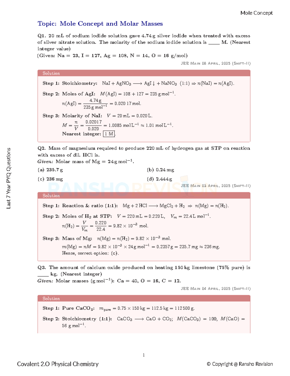 Mole Concept and Molar Masses: JEE Main PYQs Solutions - Studocu