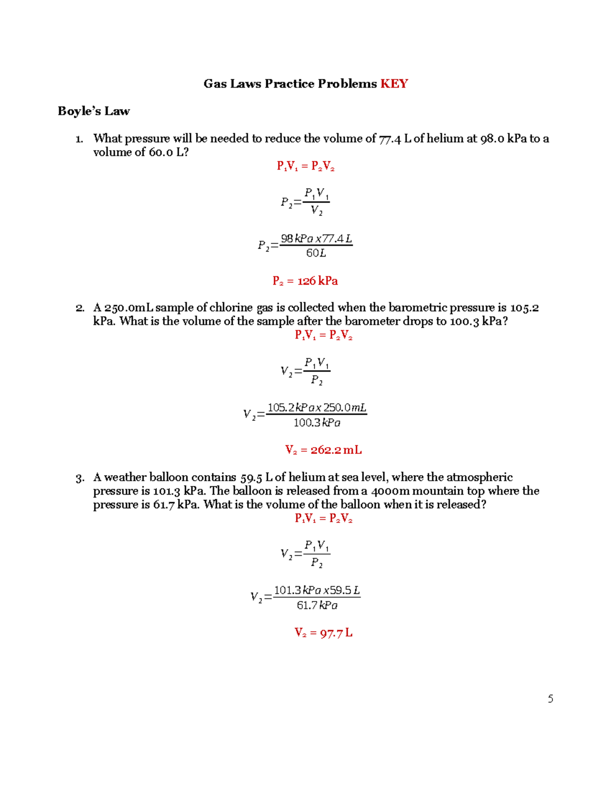 Gas Laws Practice Problems KEY (Chem 101) - Studocu