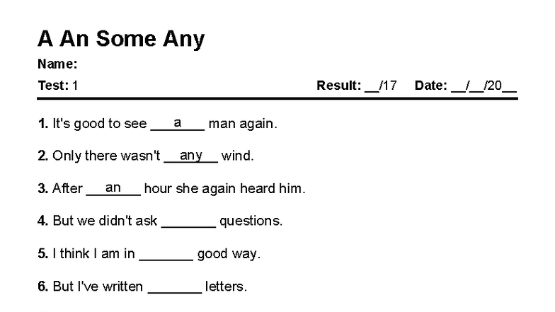 Grammarism: A, An, Some, Any - Test 1 Results - Studocu