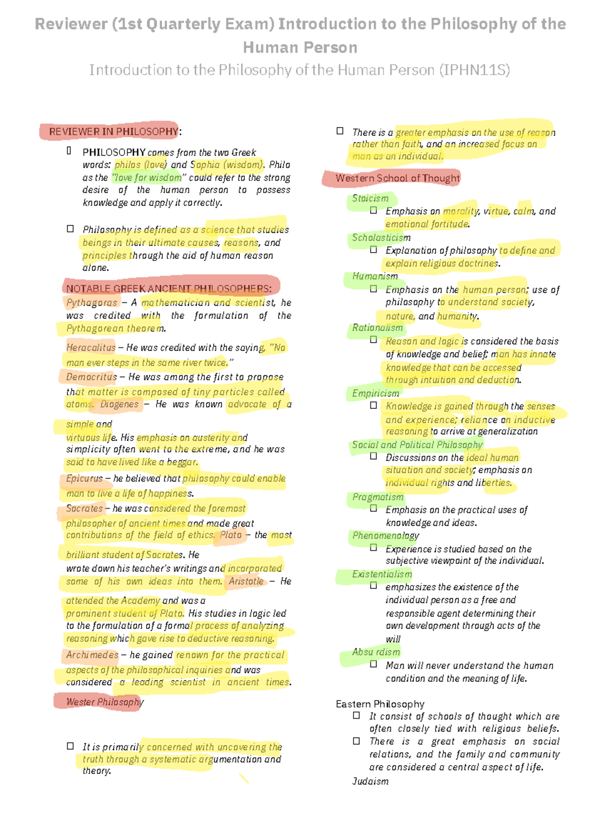 Reviewer for 1st Quarterly Exam in Philosophy (IPHN11S) - Studocu