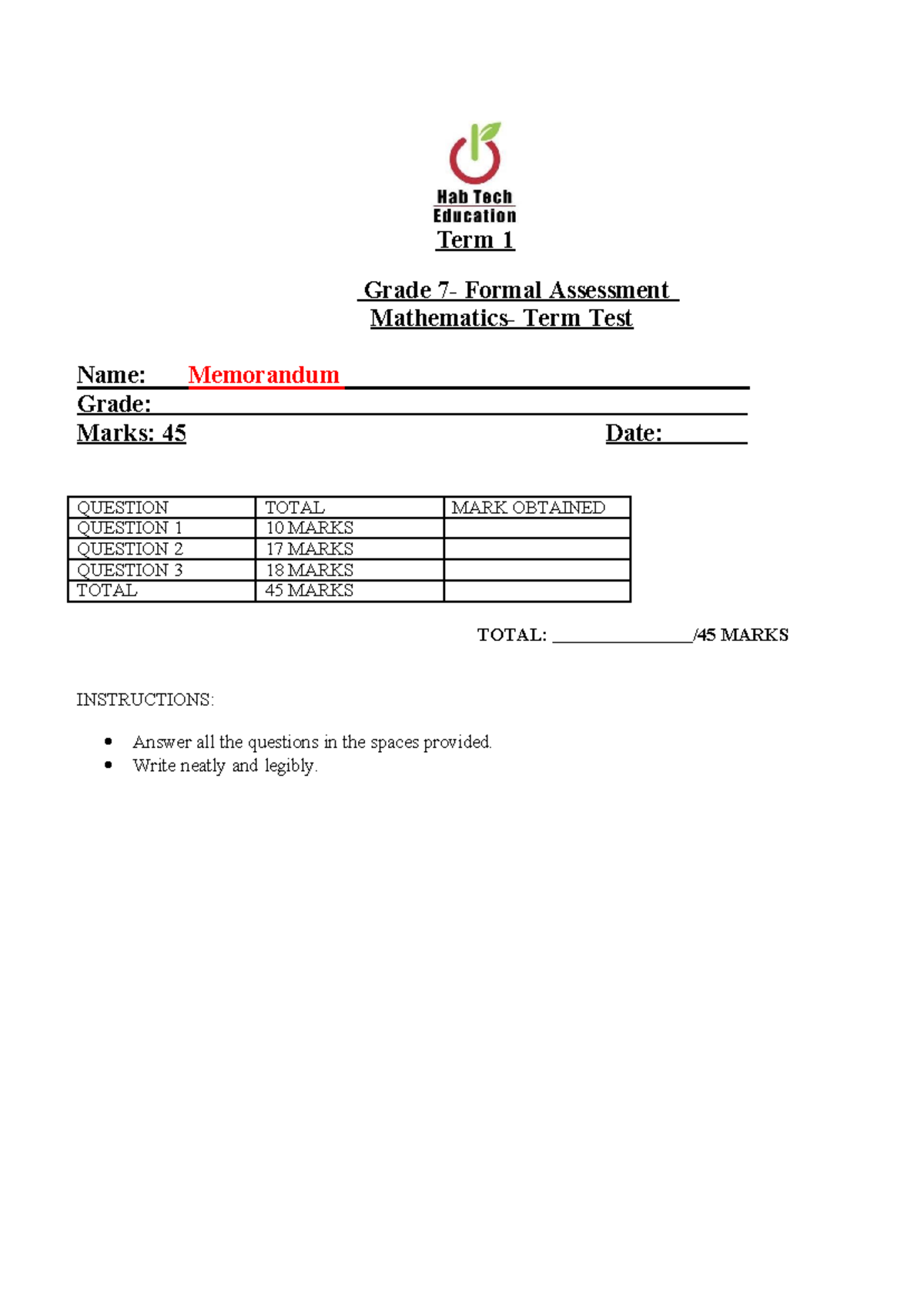 Grade 7 Math Term Test Memorandum - Formal Assessment Guide - Studocu