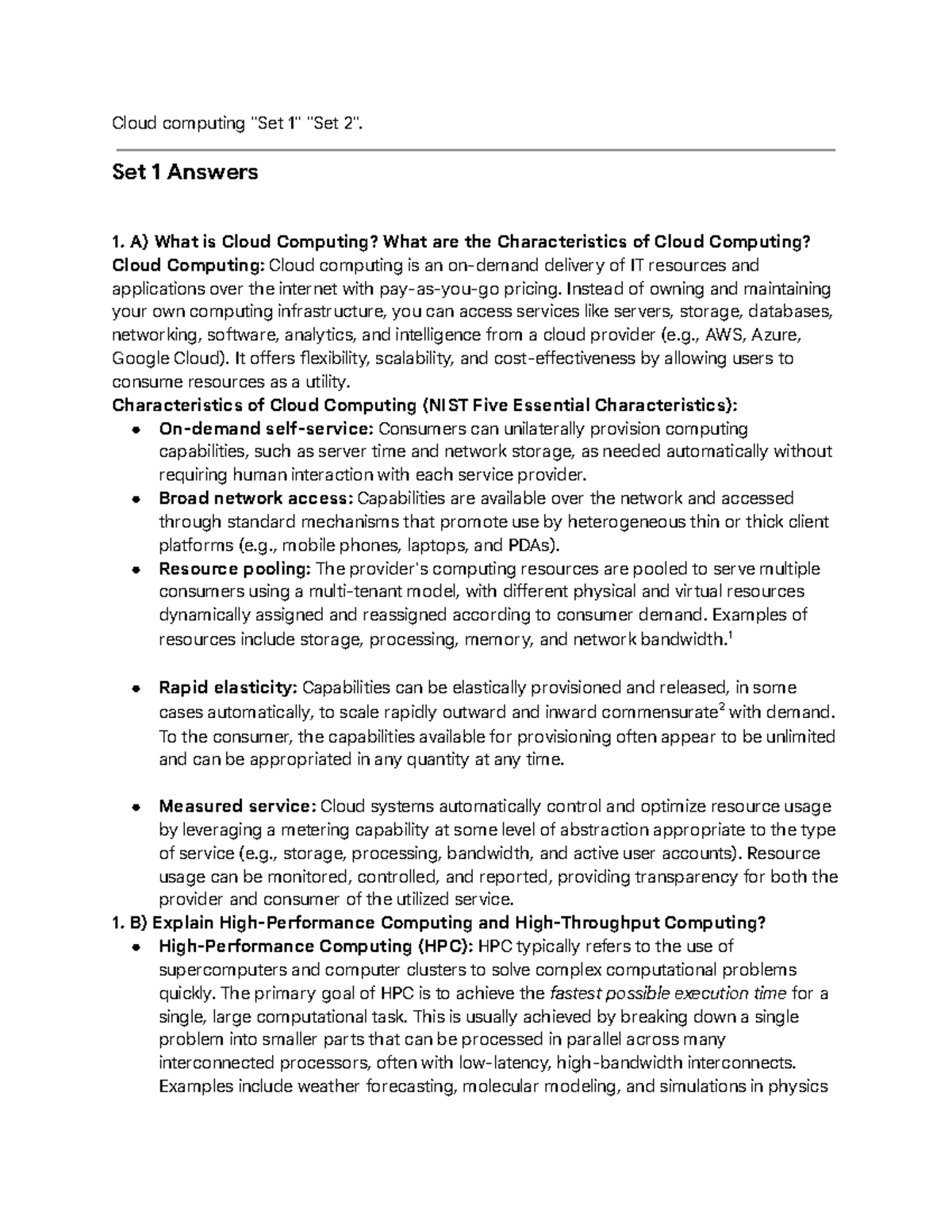 Cloud Computing Set 1 Answers: Key Concepts and Characteristics - Studocu