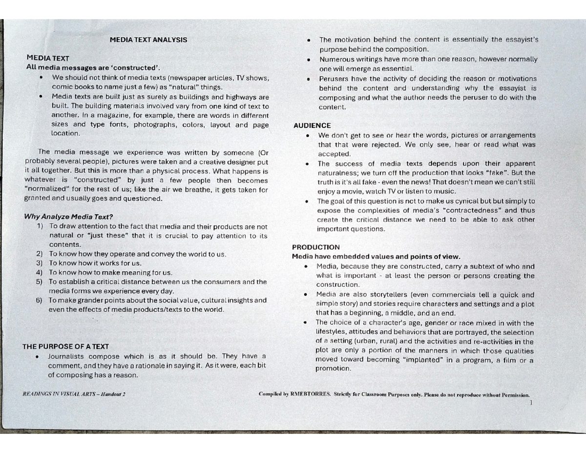 RVA Handout 2 (Media Text Analysis) - MEDIA TEXT ANALYSIS The ...