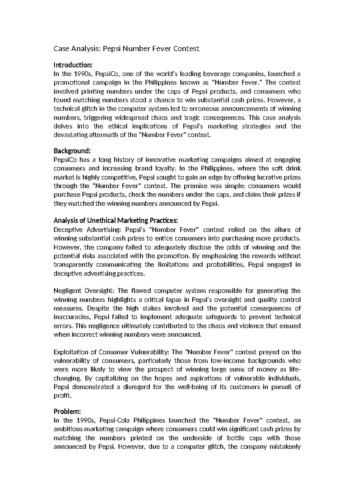 Case Study Analysis: Ethical Issues in Pepsi's Number Fever Contest ...