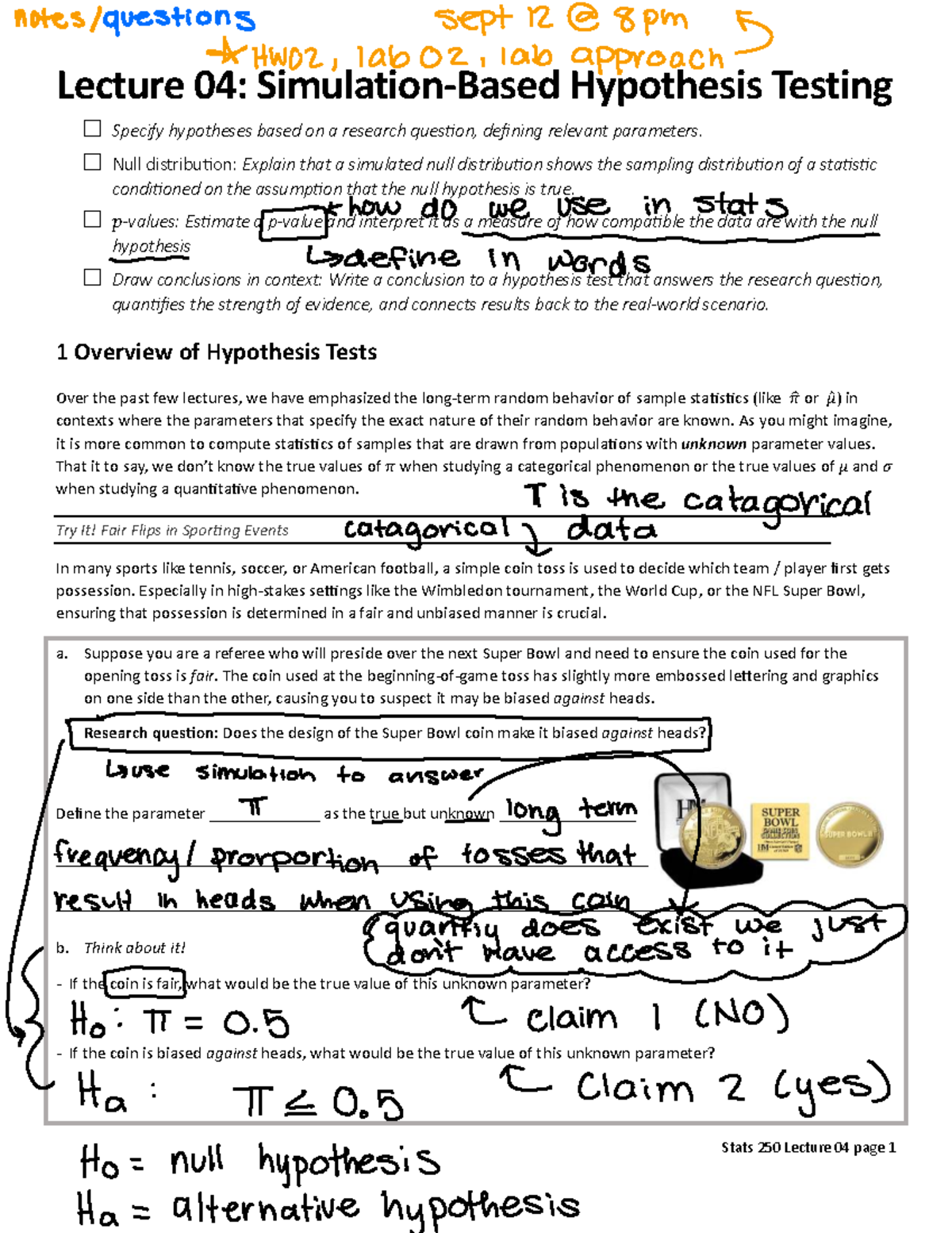 Stats 250 Lecture 04: Simulation-Based Hypothesis Testing Notes - Studocu
