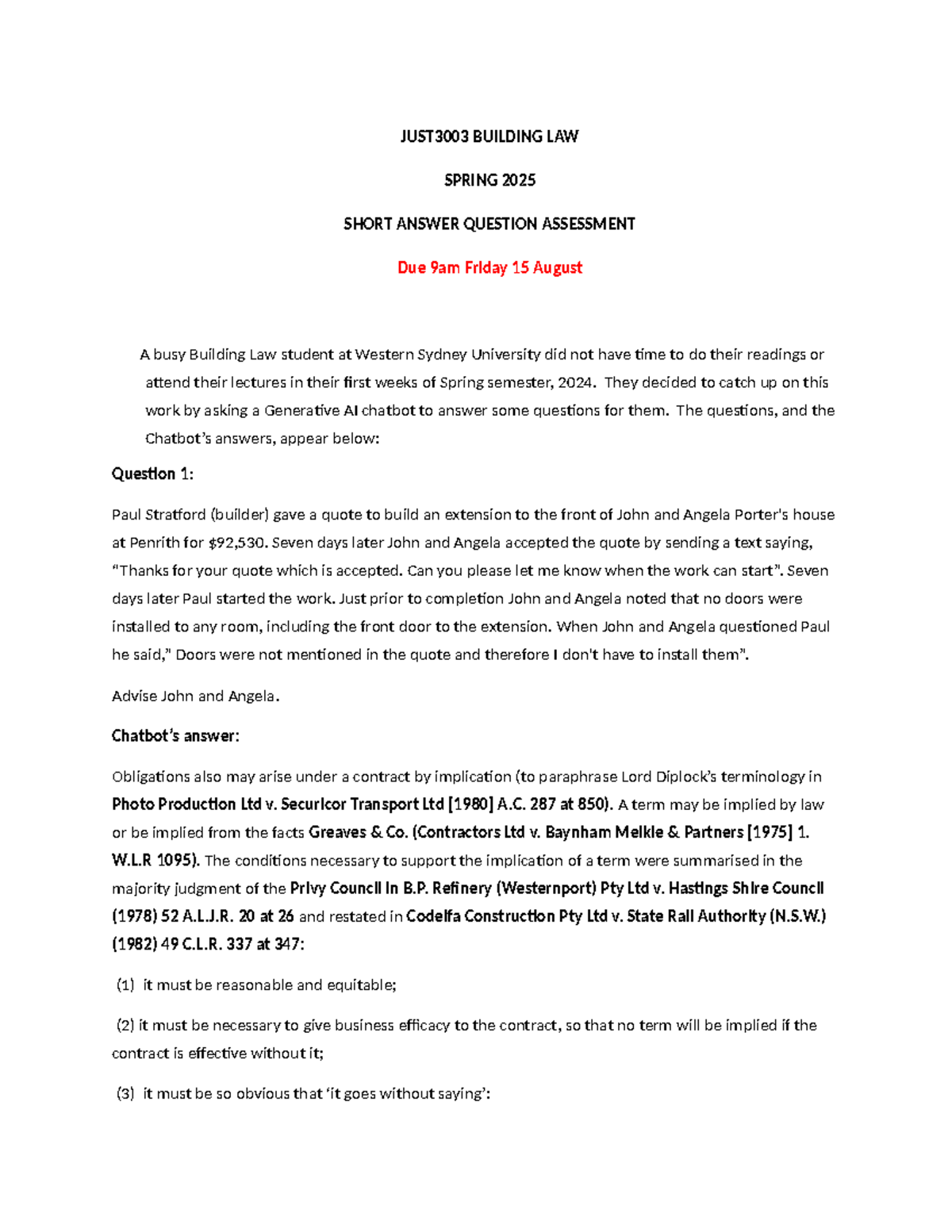JUST3003 BUILDING LAW SPRING 2025 SHORT ANSWER QUESTIONS ASSESSMENT ...