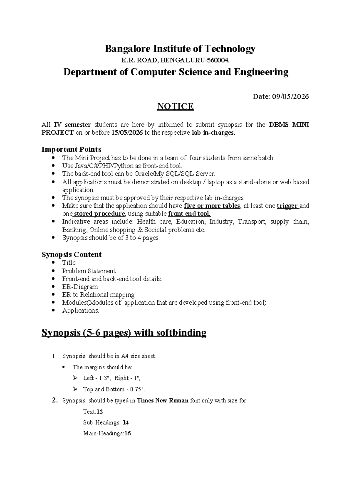 DBMS Mini Project Synopsis Format - 2024 Batch - Studocu