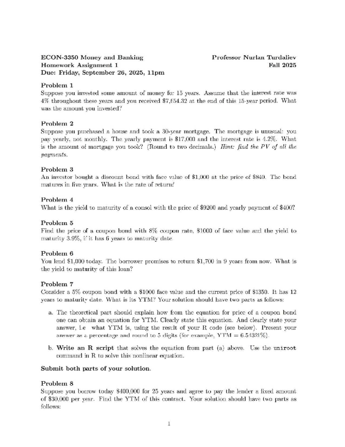 Money and Banking (HW1-2025F) - Homework Assignment 1 - Studocu