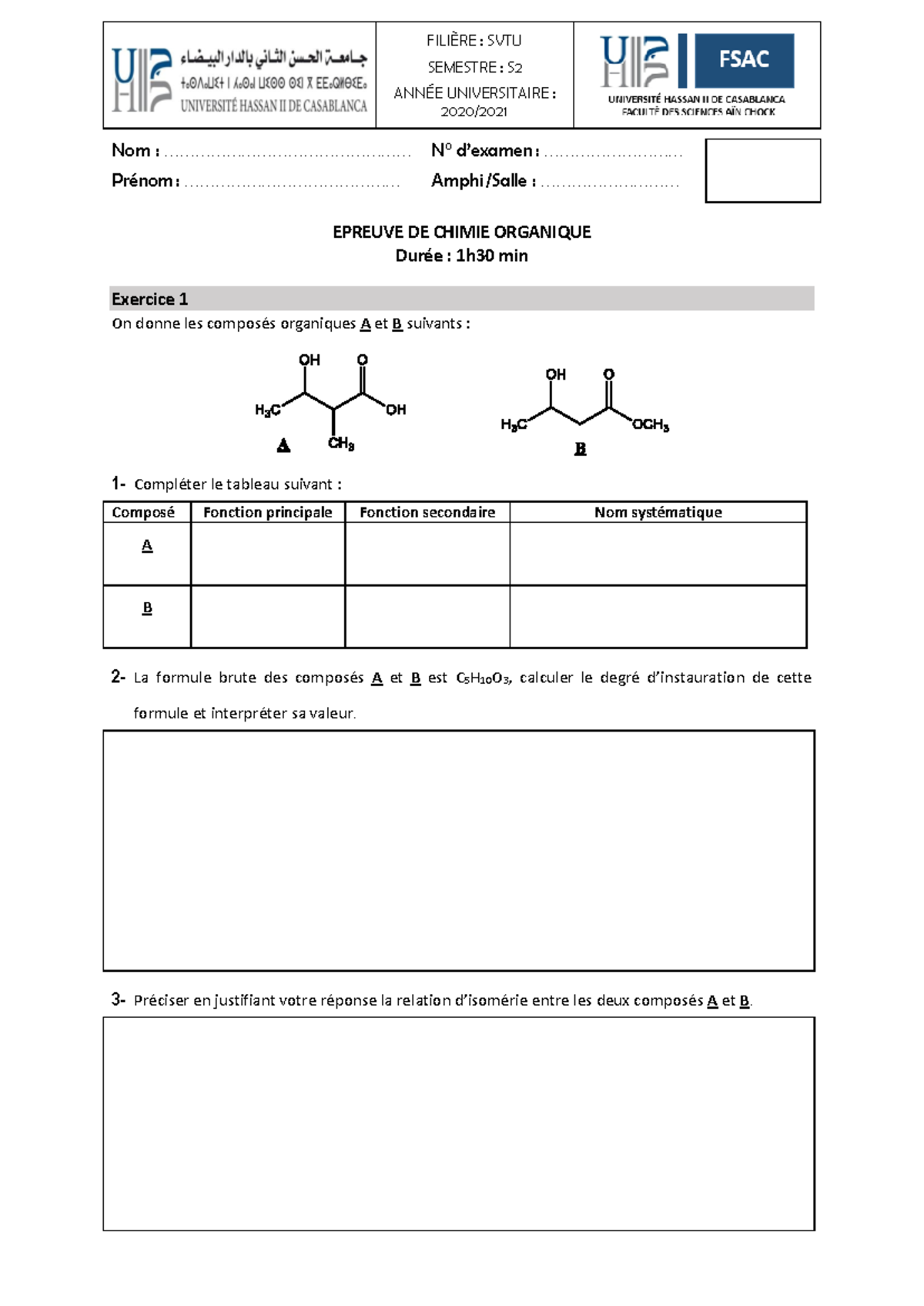 Examen chimie organique SVTU S2 20 21 - FILIÈRE : SVTU SEMESTRE : S ...