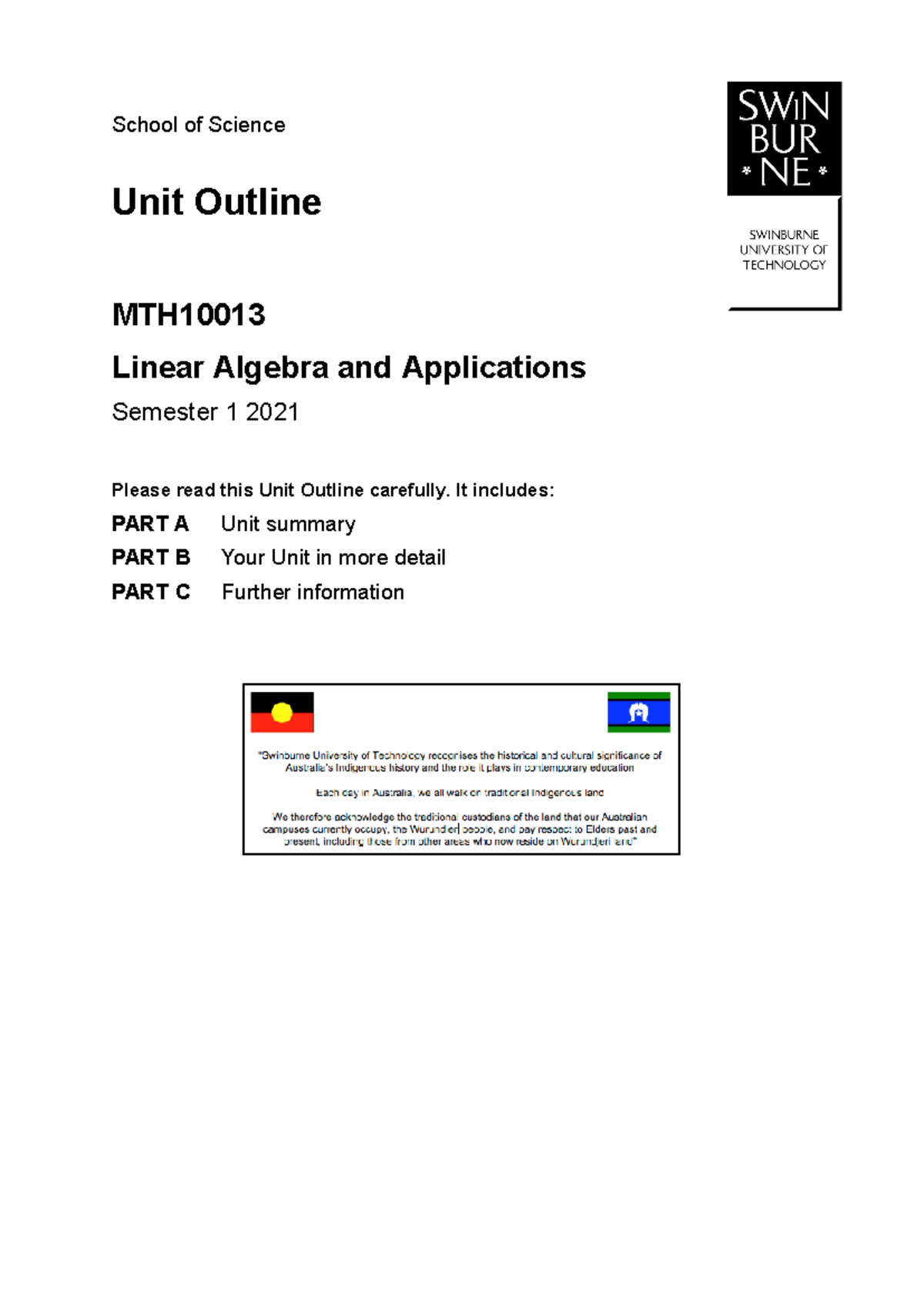 MTH10013 Unit Outline for Linear Algebra and Applications - S1 2021 ...