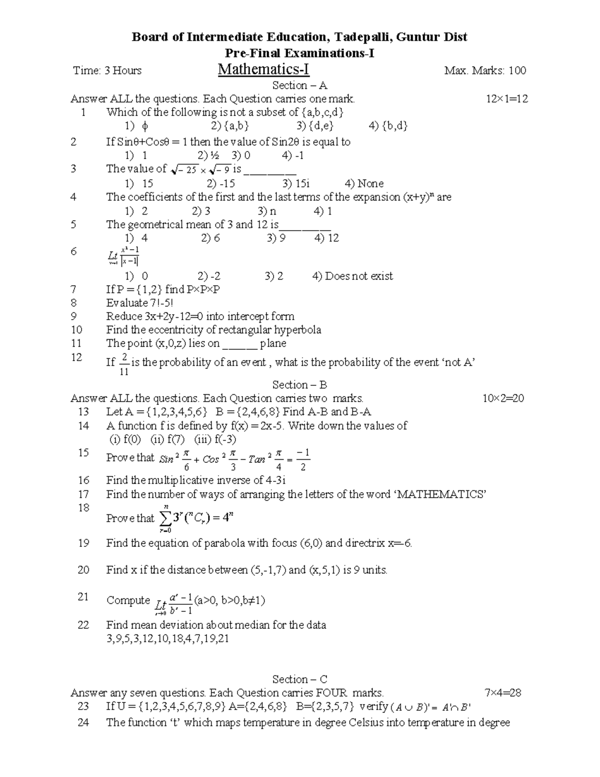 Mathematics-I (EM) 1766027225: Board Exam Question Paper - Studocu