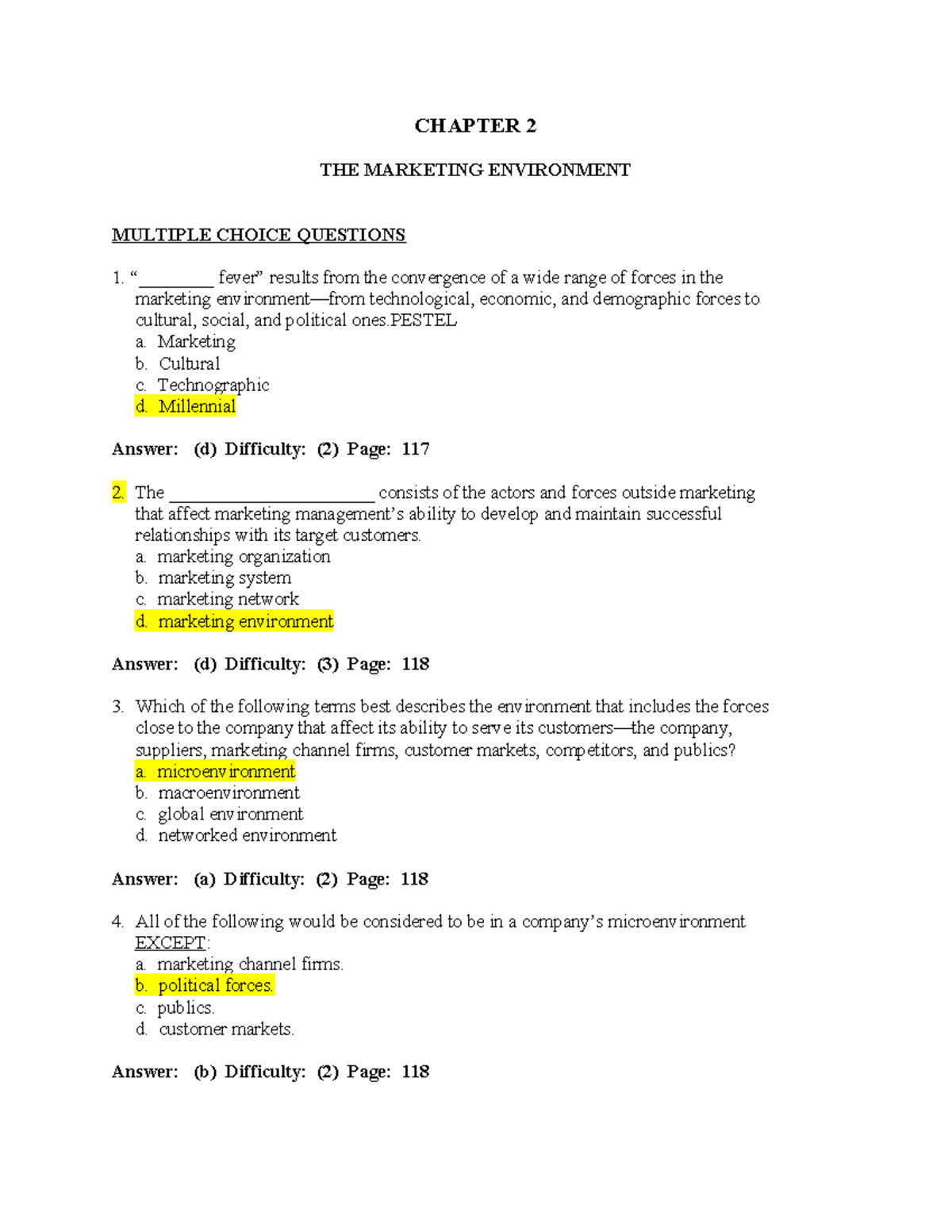 Chapter 2 MKT- Marketing Environment Insights and MCQs - Studocu