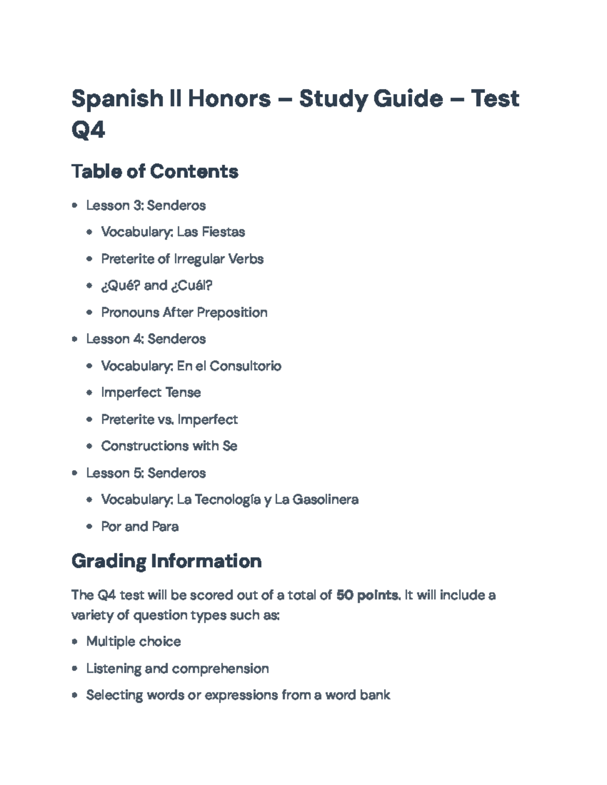 Spanish II Honors – Study Guide for Q4 Test - Spanish II Honors – Study ...