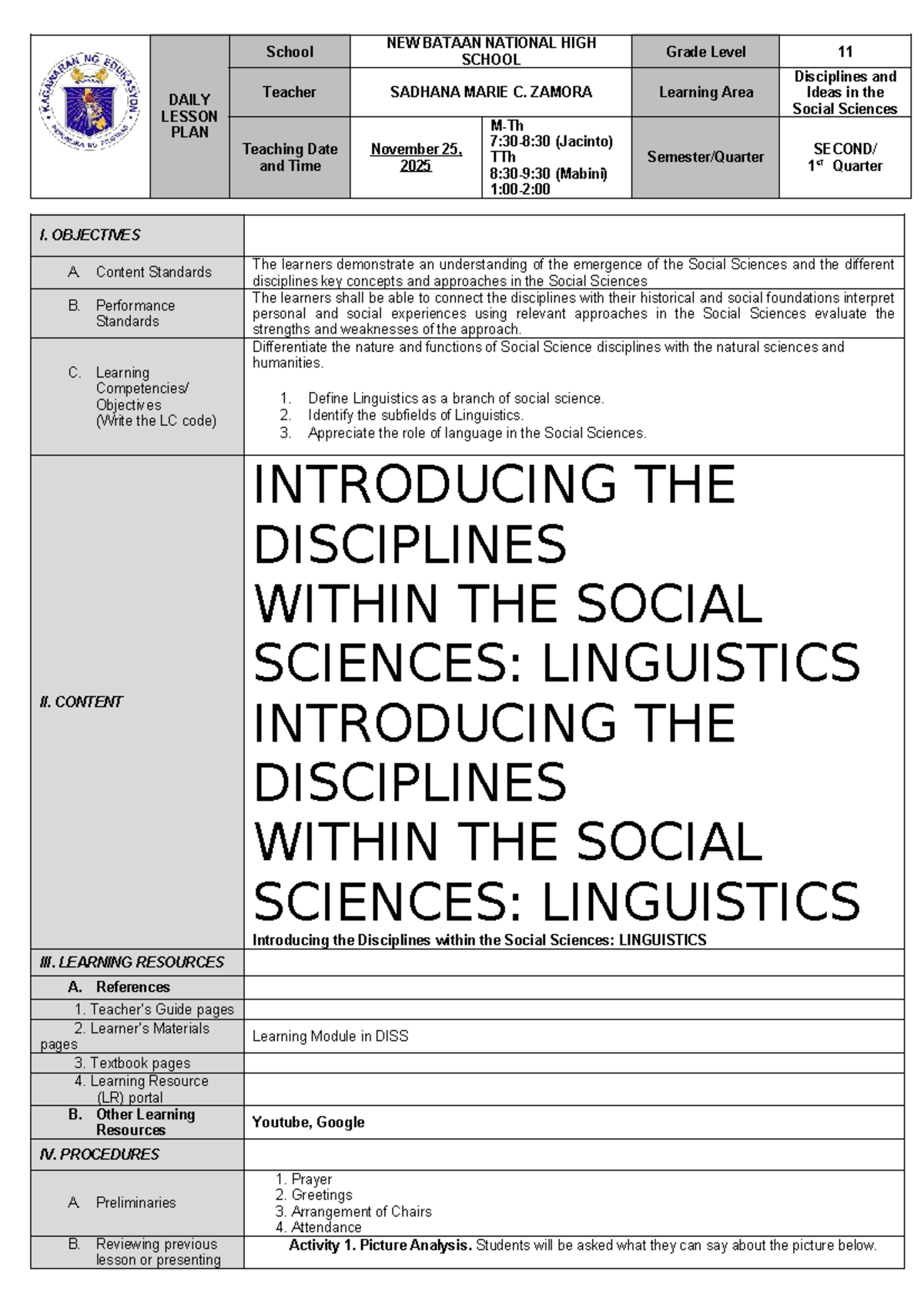 DAILY LESSON PLAN: Linguistics in Social Sciences (Grade 11, CO DLP ...