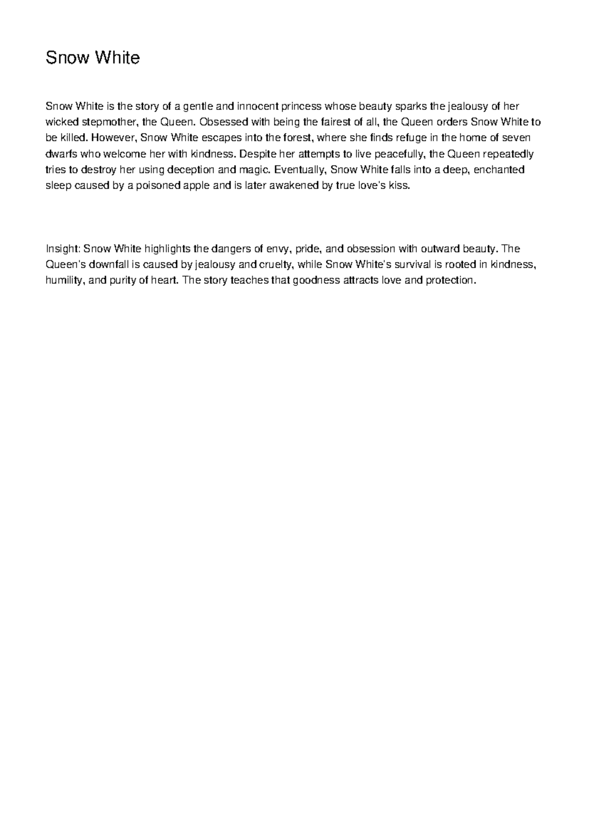 Snow White: A Tale of Beauty, Jealousy, and Kindness - Studocu