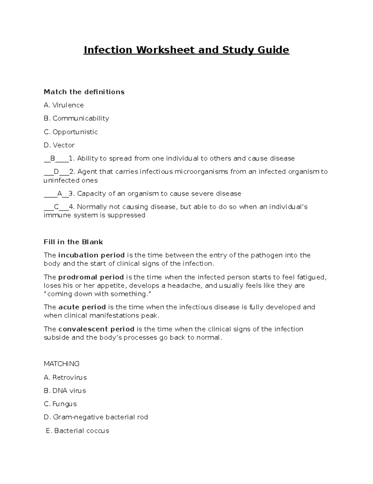 Infection Worksheet & Study Guide: Key Concepts & Definitions - Studocu