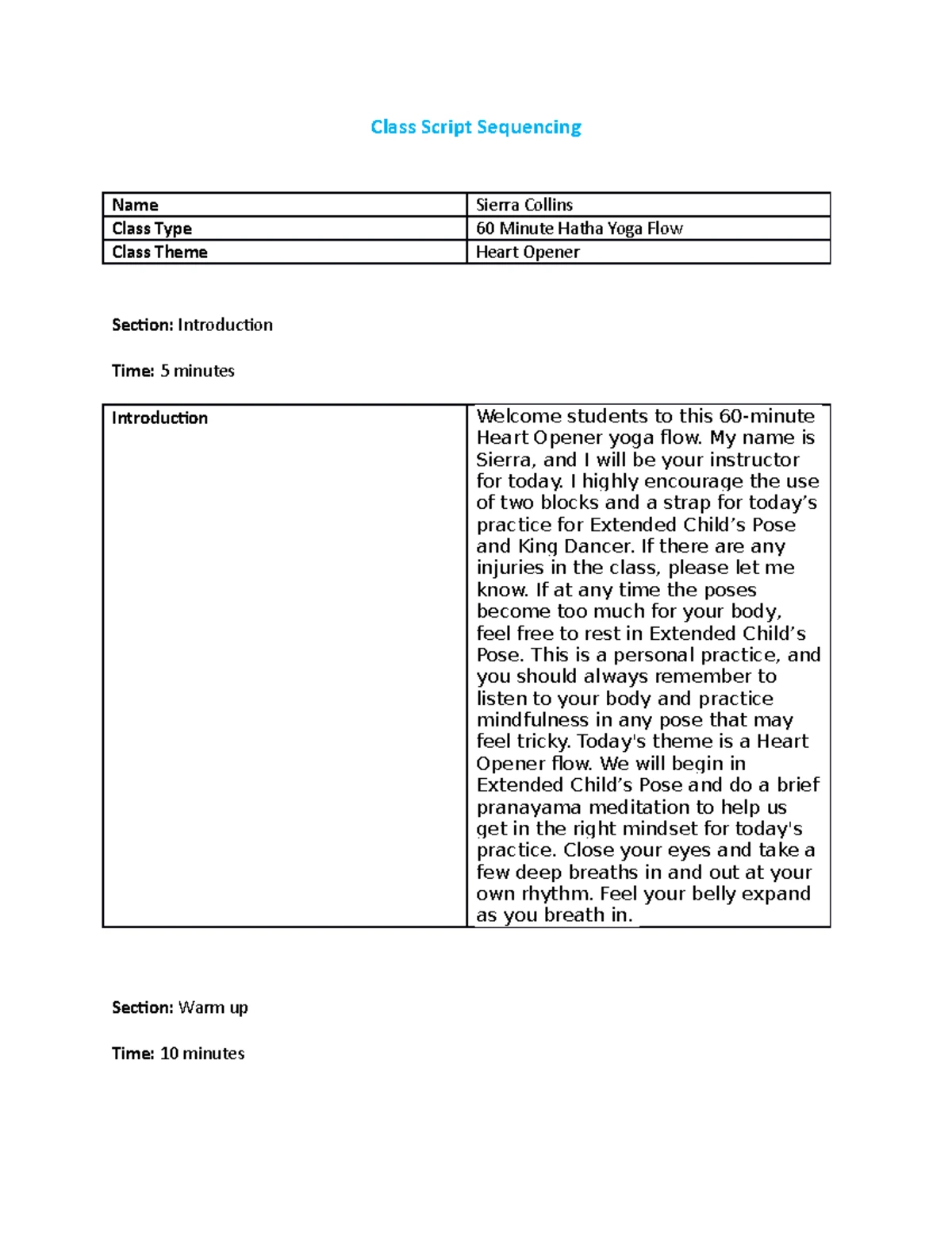 Class Script Sequencing 1 Example - Class Script Sequencing Name Sierra Collins Class Type 60 ...