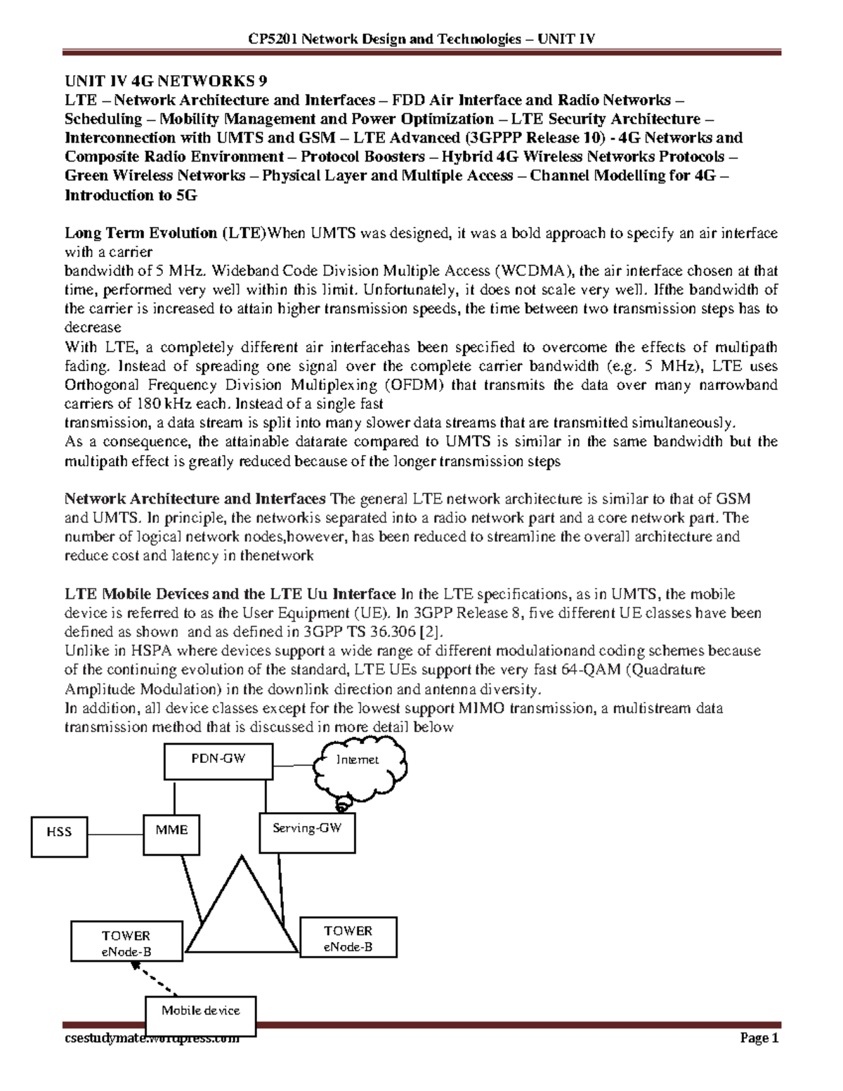 Unit IV Lecture Notes - Overview of 4G Networks and LTE Technologies ...