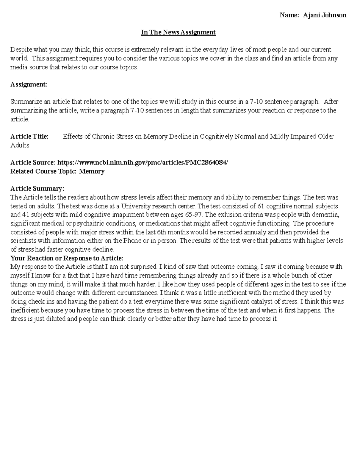 Sheet 7 - In The News Assignment - Name: Ajani Johnson In The News ...