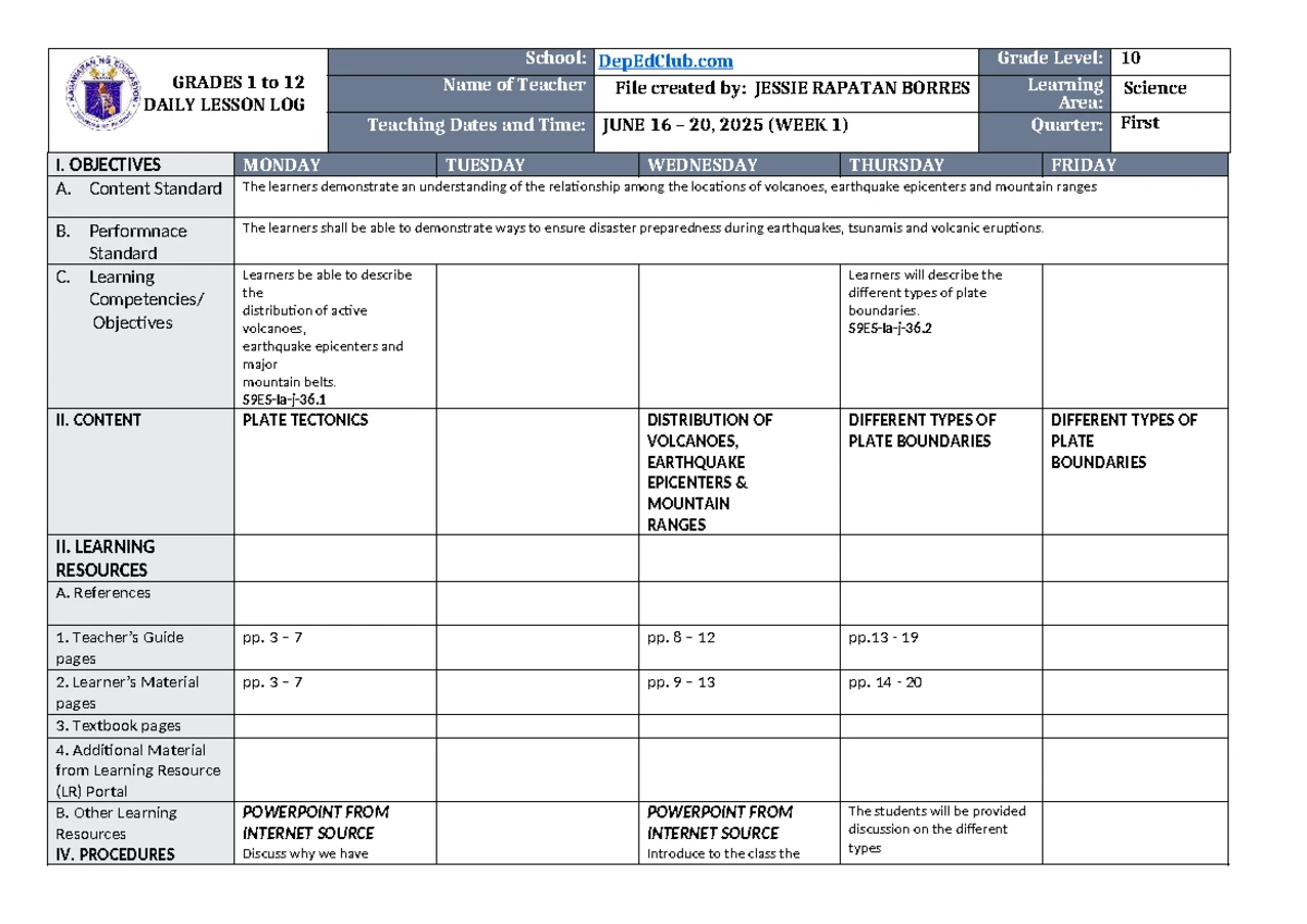DLL Science 10 Q1 W3 V2 - Daily Lesson Log and Learning Materials - Studocu