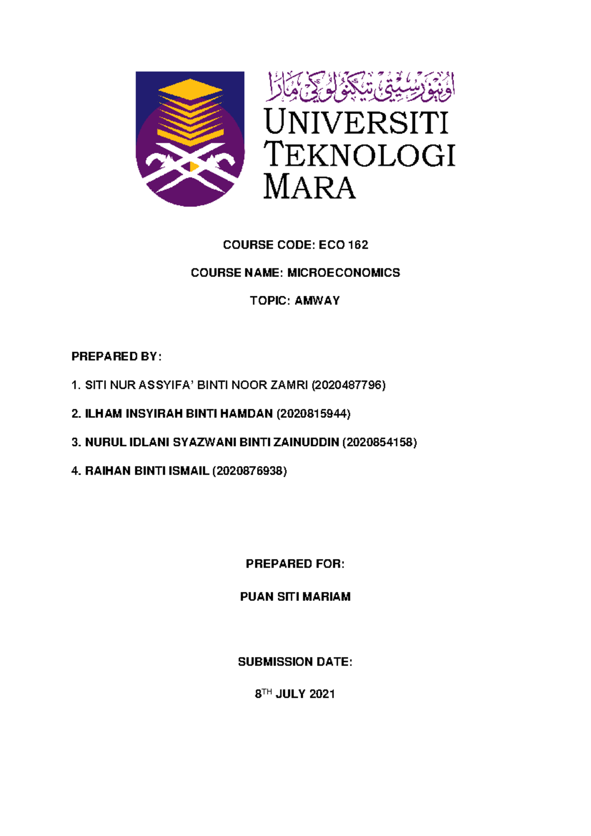 ECO162 Report - COURSE CODE: ECO 162 COURSE NAME: MICROECONOMICS TOPIC ...