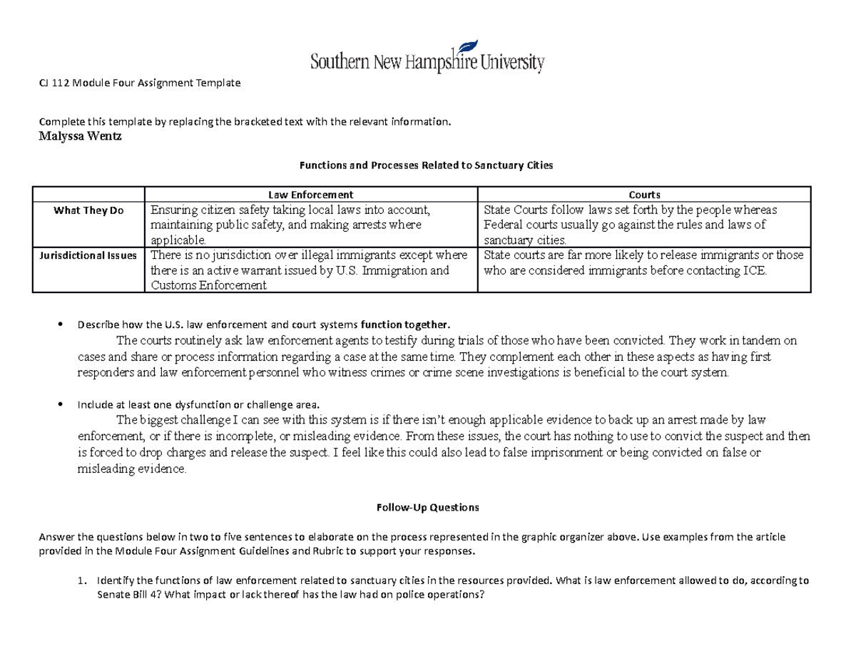 CJ 112 Module 4 Assignment: Functions of Law Enforcement in Sanctuary ...