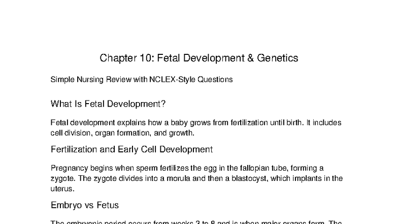 Chapter 10: Fetal Development & Genetics Review for NCLEX - Studocu