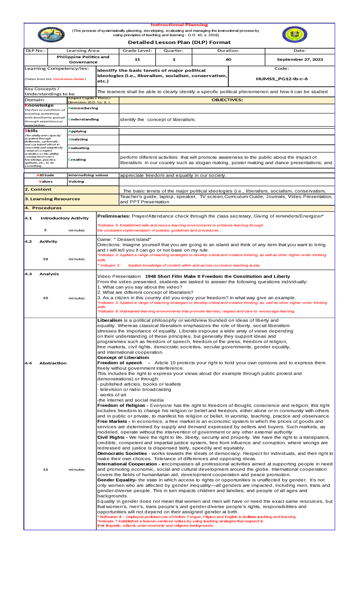 CO DLP Politics - Detailed Lesson Plan on Liberalism Concepts - Studocu