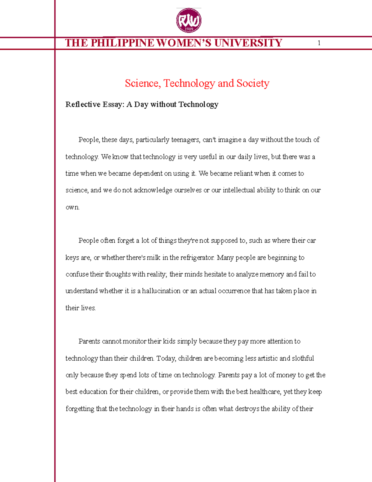 Reflective Essay on Living a Day Without Tech: Impacts and Insights ...