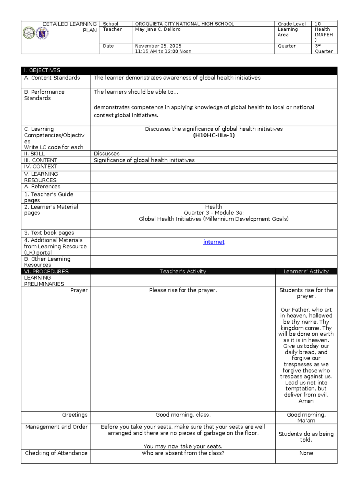 Grade 10 MAPEH Health Learning Plan: Global Health Initiatives - Studocu
