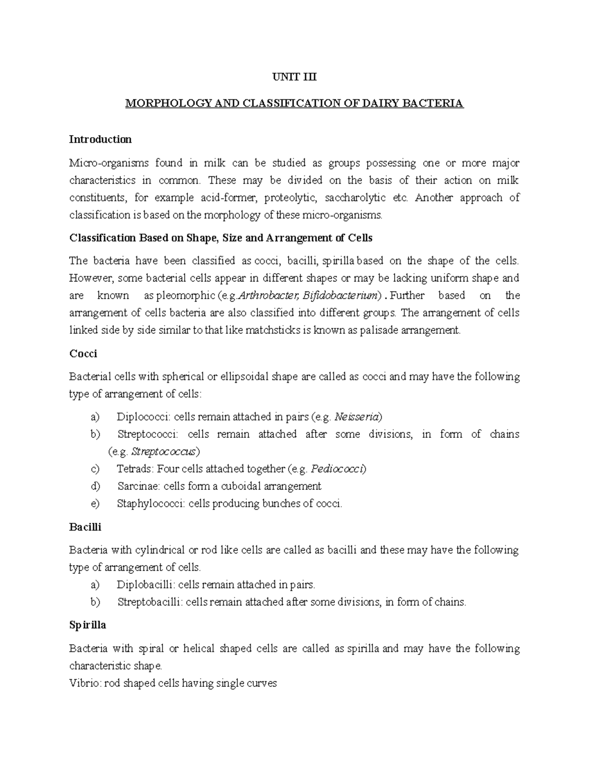 Morphology AND Classification OF Dairy Bacteria - UNIT III MORPHOLOGY ...