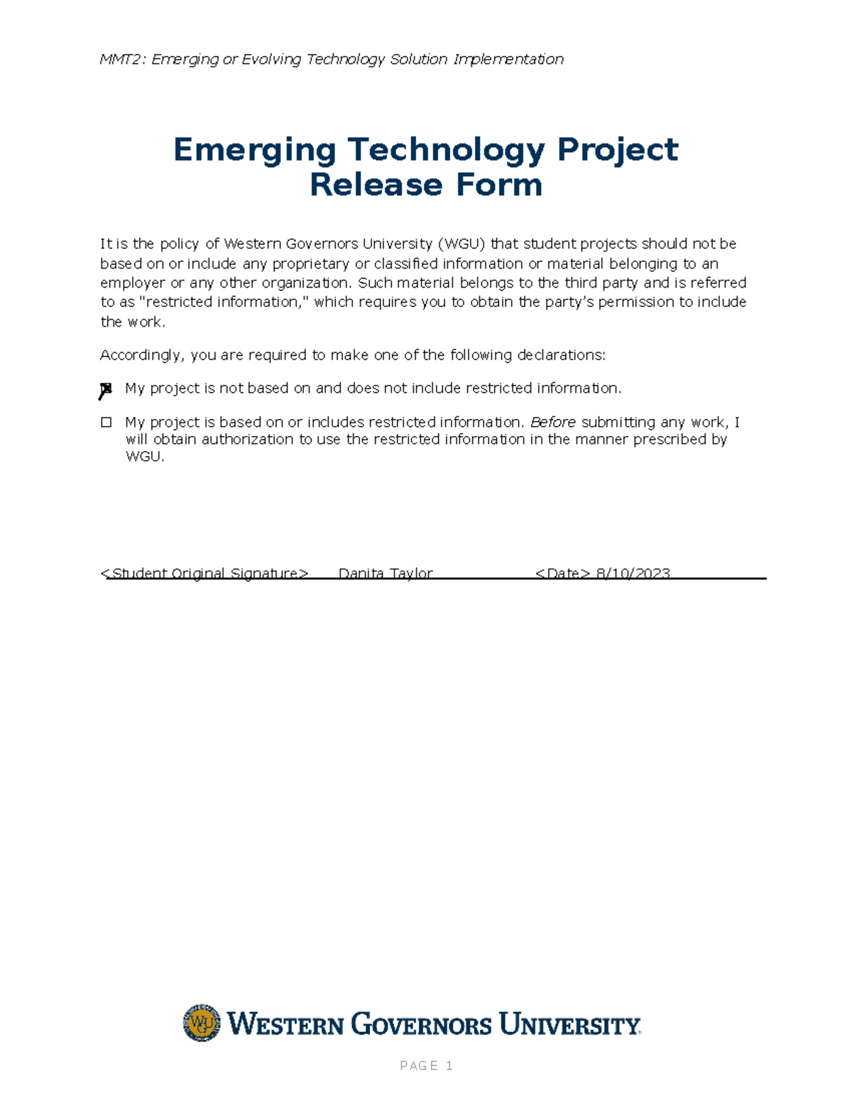 MMT2: Emerging Technology Project Release Form Instructions - Studocu