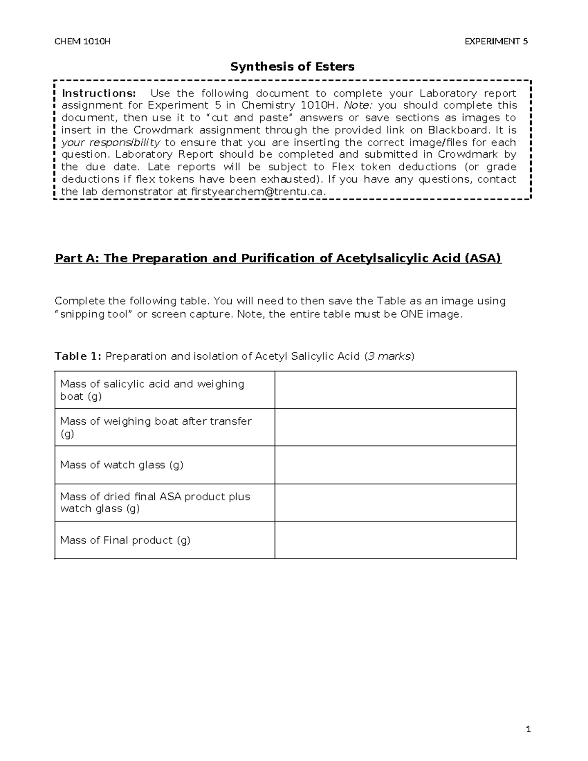 CHEM 1010H Experiment 5: Synthesis of Esters Lab Report Instructions - Studocu
