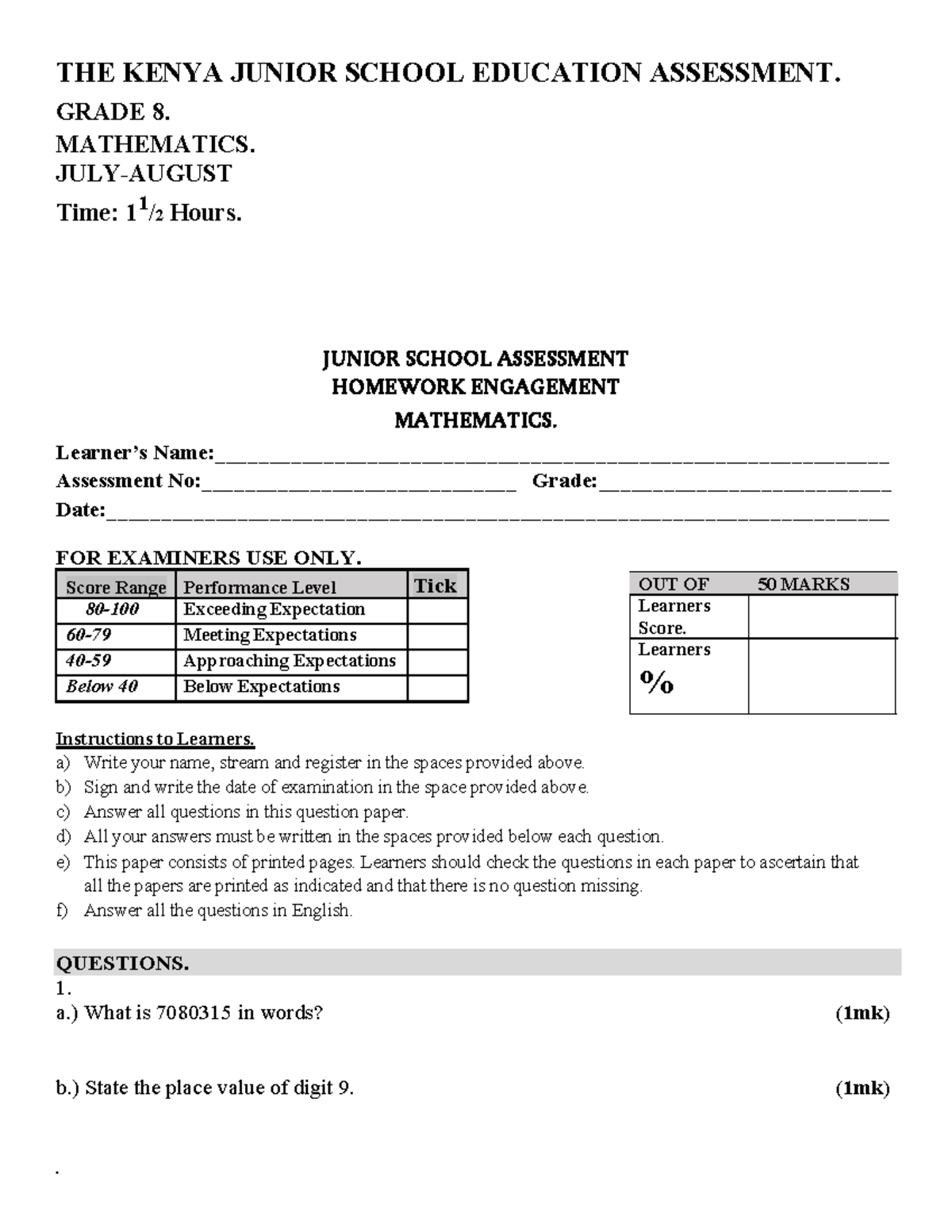 G8 Mathematics Assessment: Kenya Junior School Exam Guide - Studocu