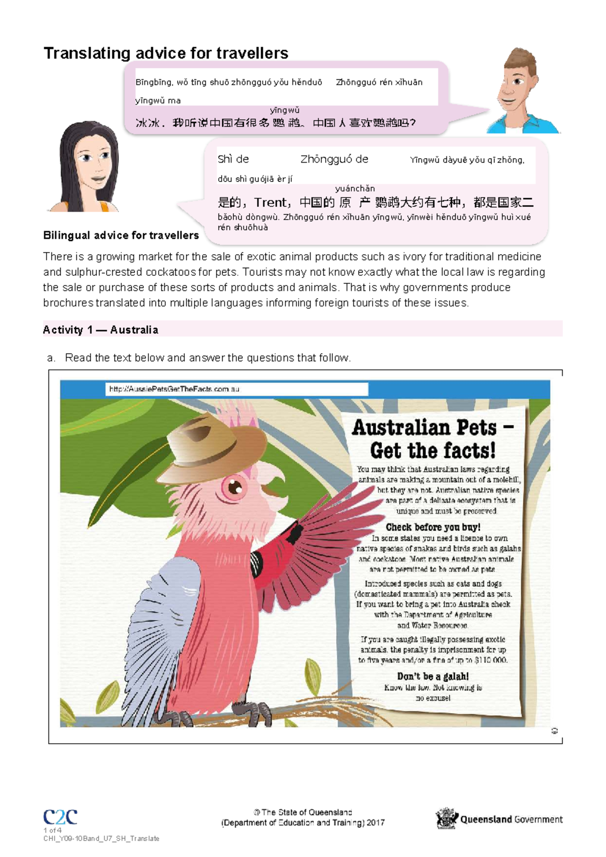 Worksheet Activity: Translating Travel Advice CHI Y09-10 Band U7 SH ...