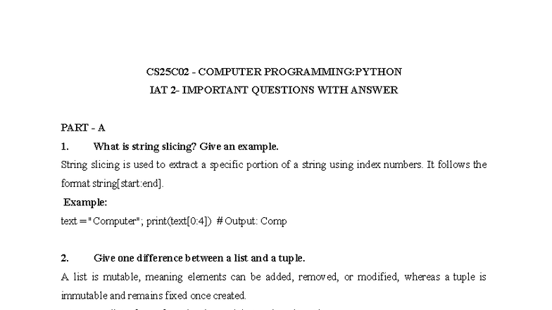 CS25C02 COMPUTER PROGRAMMING: PYTHON IAT IMPORTANT QUESTIONS & ANSWERS ...
