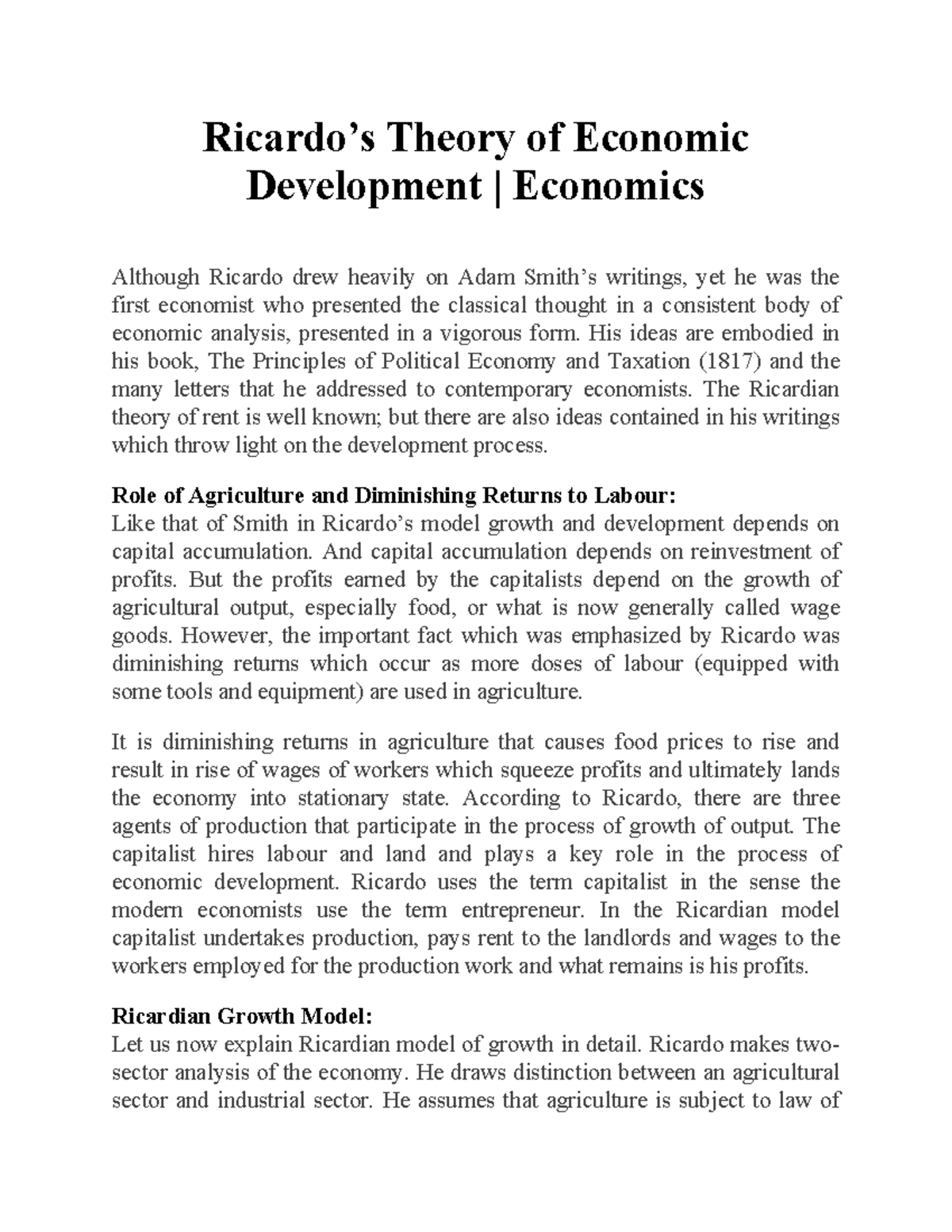 Ricardo's Economic Development Theory: A Critical Analysis - Studocu