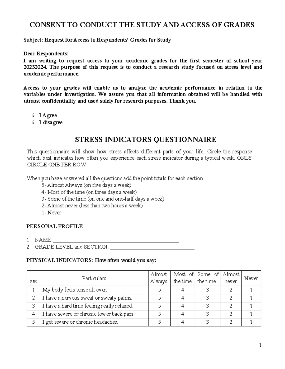 Stress Indicators Questionnaire-1: Academic Performance Study - Studocu
