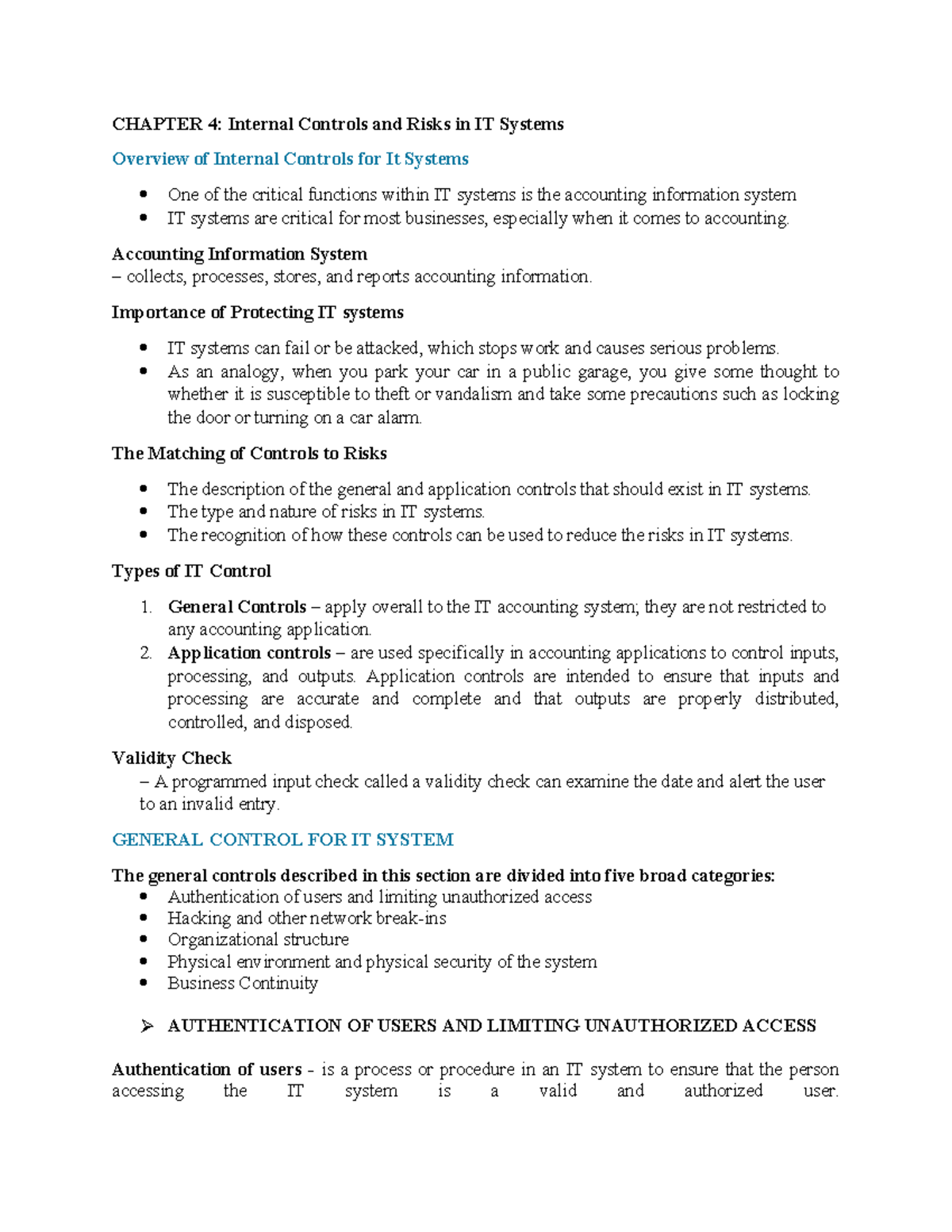 AIS- Chapter-4 - Sdfvv - CHAPTER 4: Internal Controls and Risks in IT ...