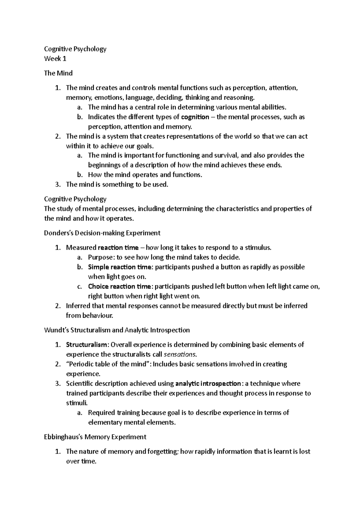 Cognitive Psychology Week 1 Lecture Notes: Understanding the Mind - Studocu