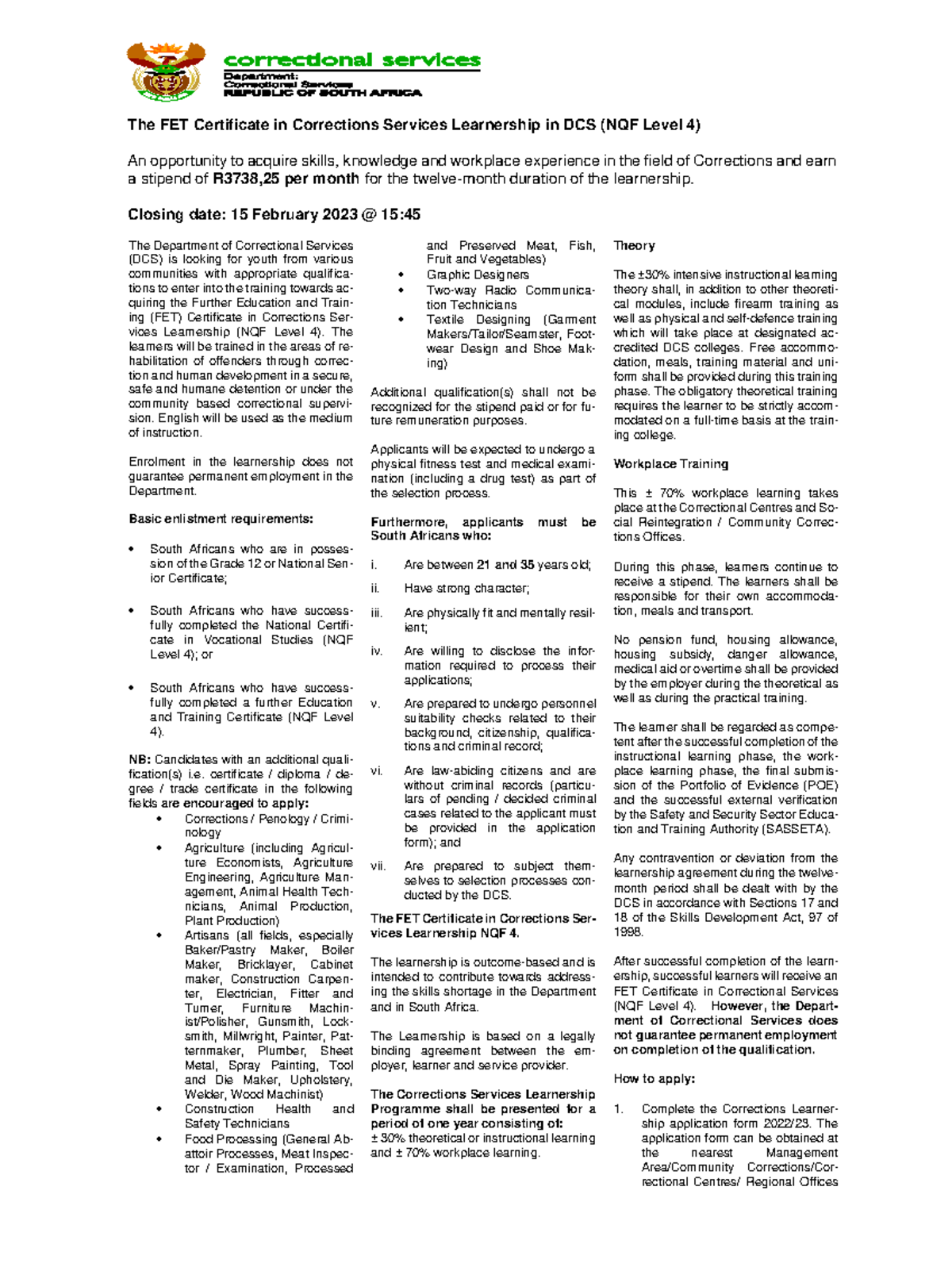 FET Certificate in Corrections Services learnership (NQF Level 4) details - Studocu