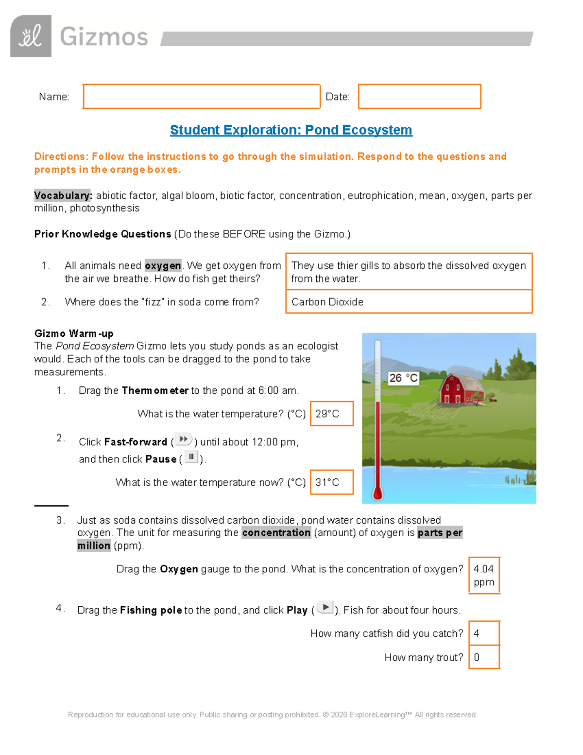 Pond Ecosystem SE - Name: Date: Student Exploration: Pond Ecosystem ...