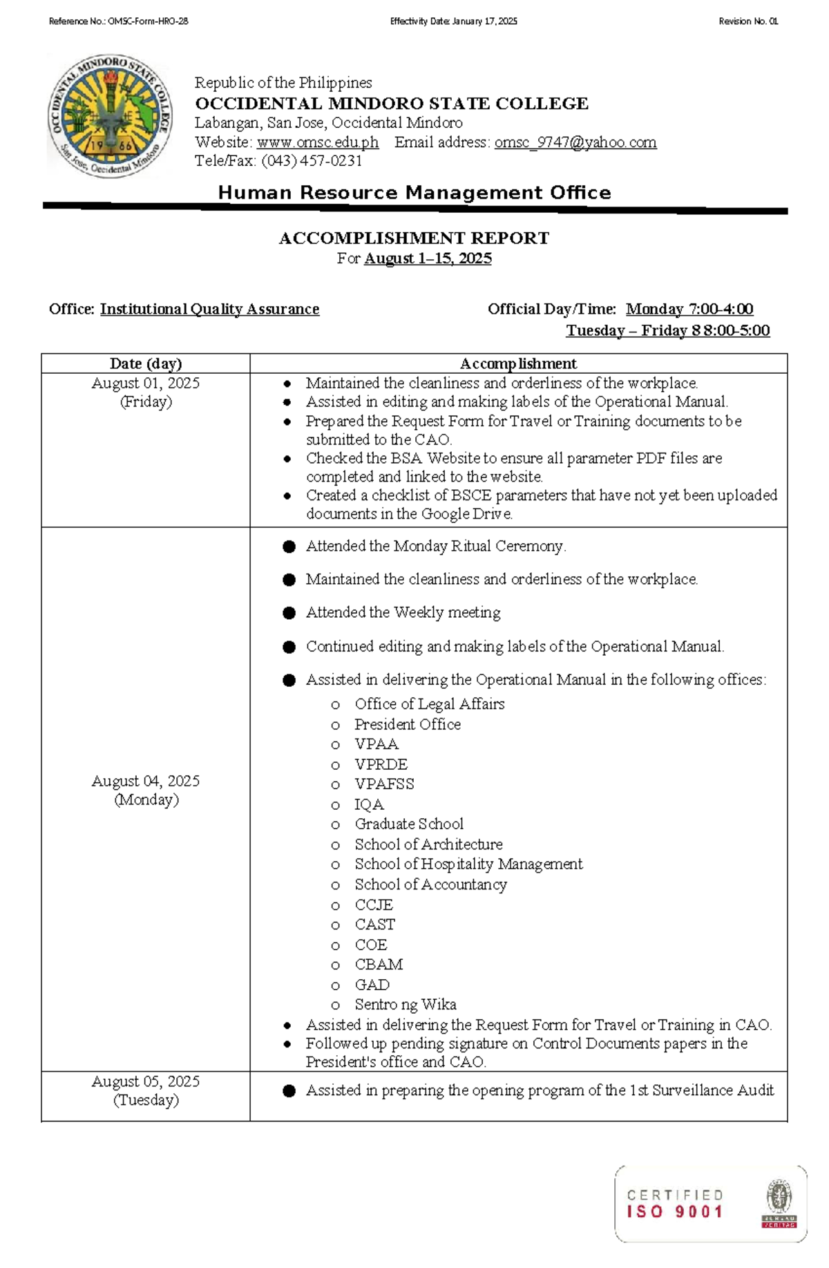 Accomplishment Report for August 2025 - HRMO Activities - Studocu