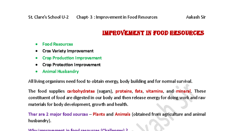 St. School 3: Improvement in Food Resources - Aakash Sir (2025-26 ...