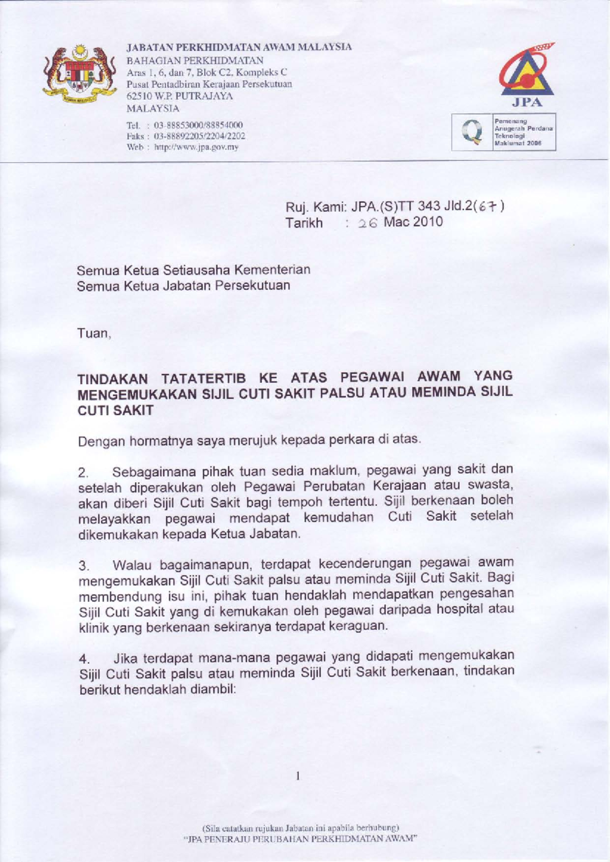 Contoh Surat Kuatkuasa JPA: Tindakan Tatatertib Pegawai Awam - Studocu